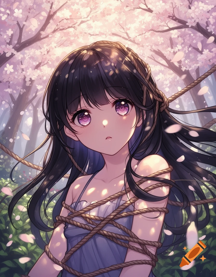 Anime girl with dark hair and purple eyes, tied with ropes, stands in a ...
