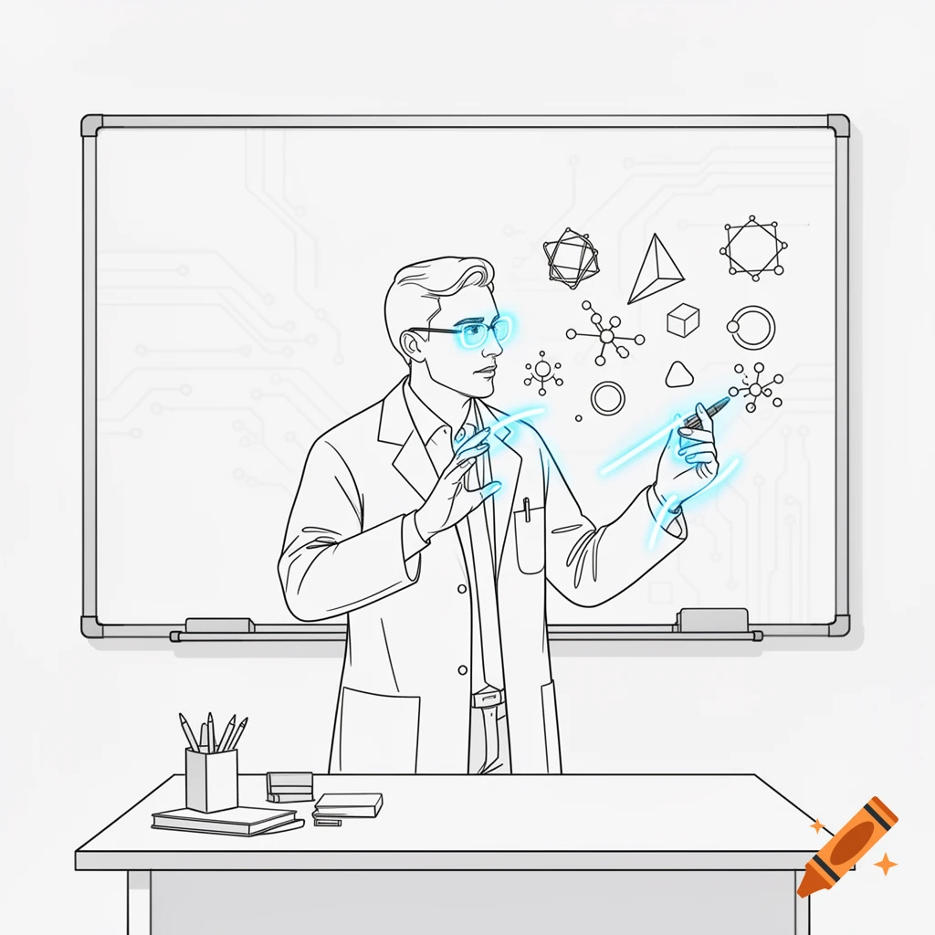Outline drawing of a scientist in a lab coat explaining diagrams on a ...