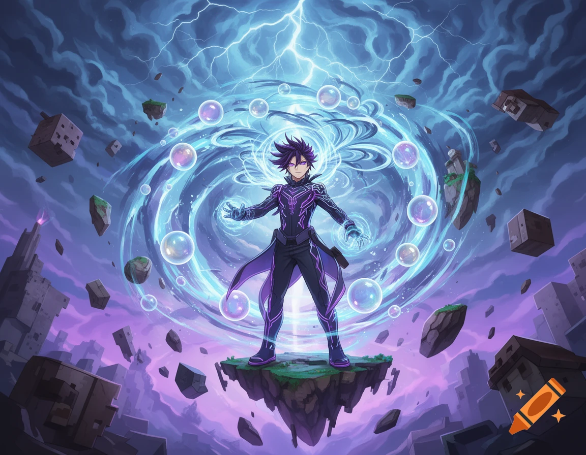 Anime character with purple hair on a floating island, surrounded by a ...