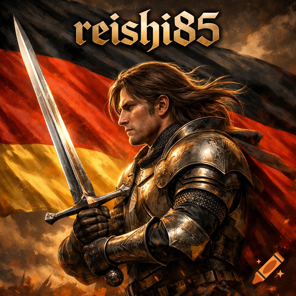 A fierce warrior in golden armor holds a sword against a backdrop of a ...