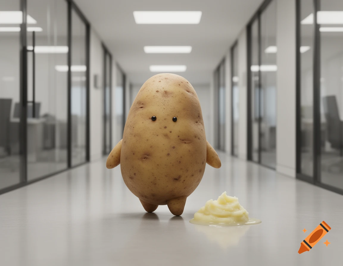A cute potato character with tiny arms and legs walks down an office ...