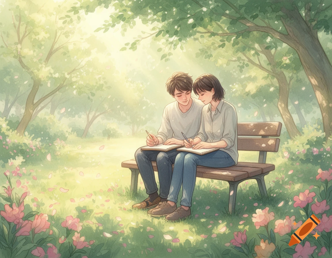A Young Couple Sketches On A Park Bench Surrounded By Green Trees And