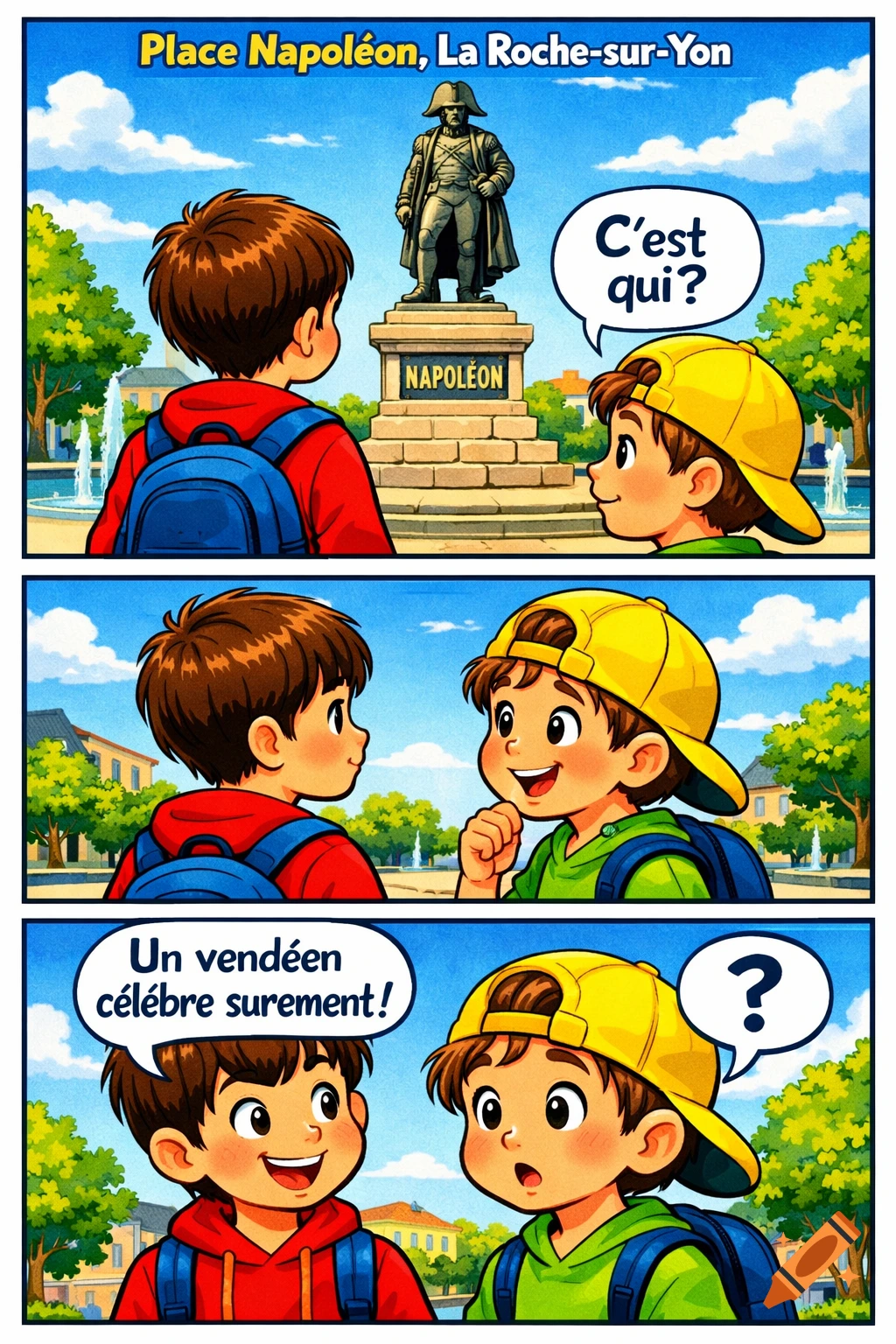 A colorful, three-panel comic strip in cartoon style showing two young ...