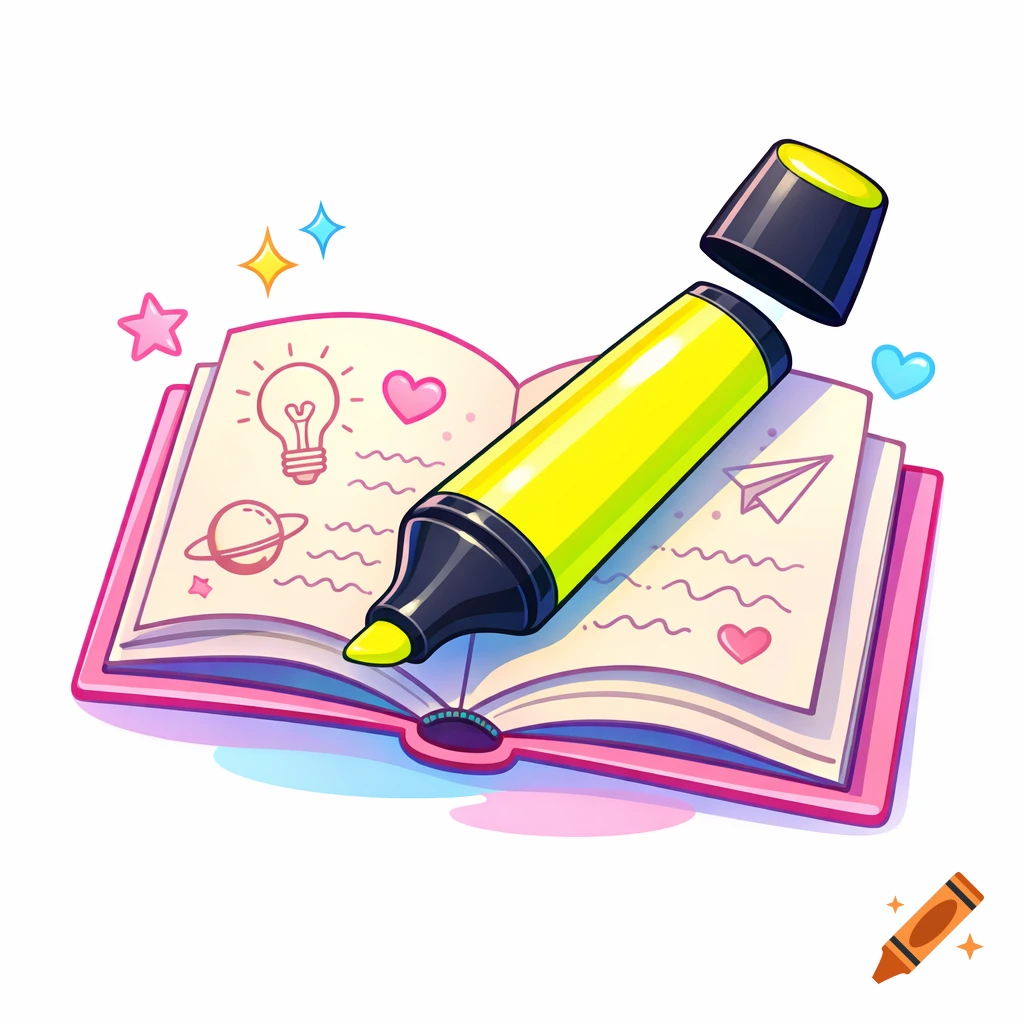 A bright yellow highlighter with its cap off rests on an open pink book ...