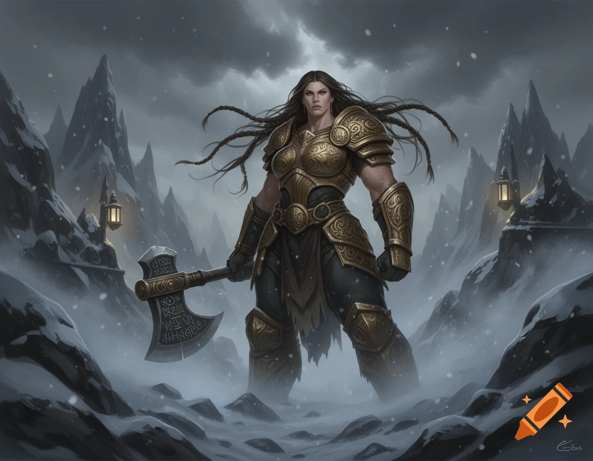 A heavily armored female goliath warrior stands in a snowy mountain ...