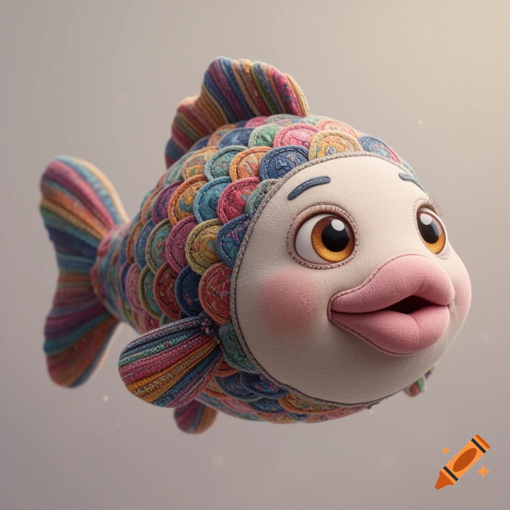 A vibrant, hyperrealistic fabric plushie fish with large eyes and ...