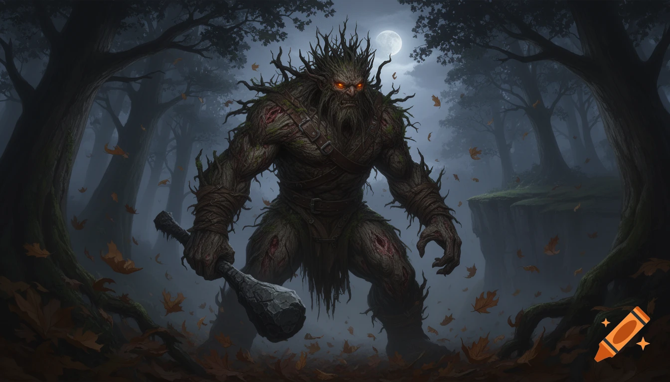 A towering, moss-covered "Forest Brute" with glowing red eyes and a ...