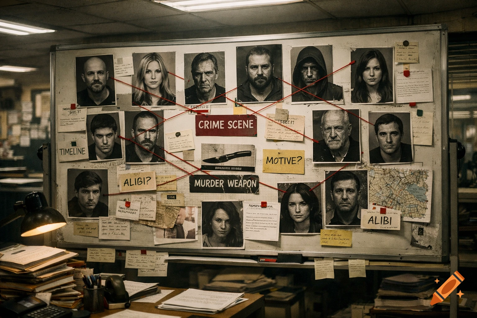 A photorealistic image of a police investigation board with mugshots ...