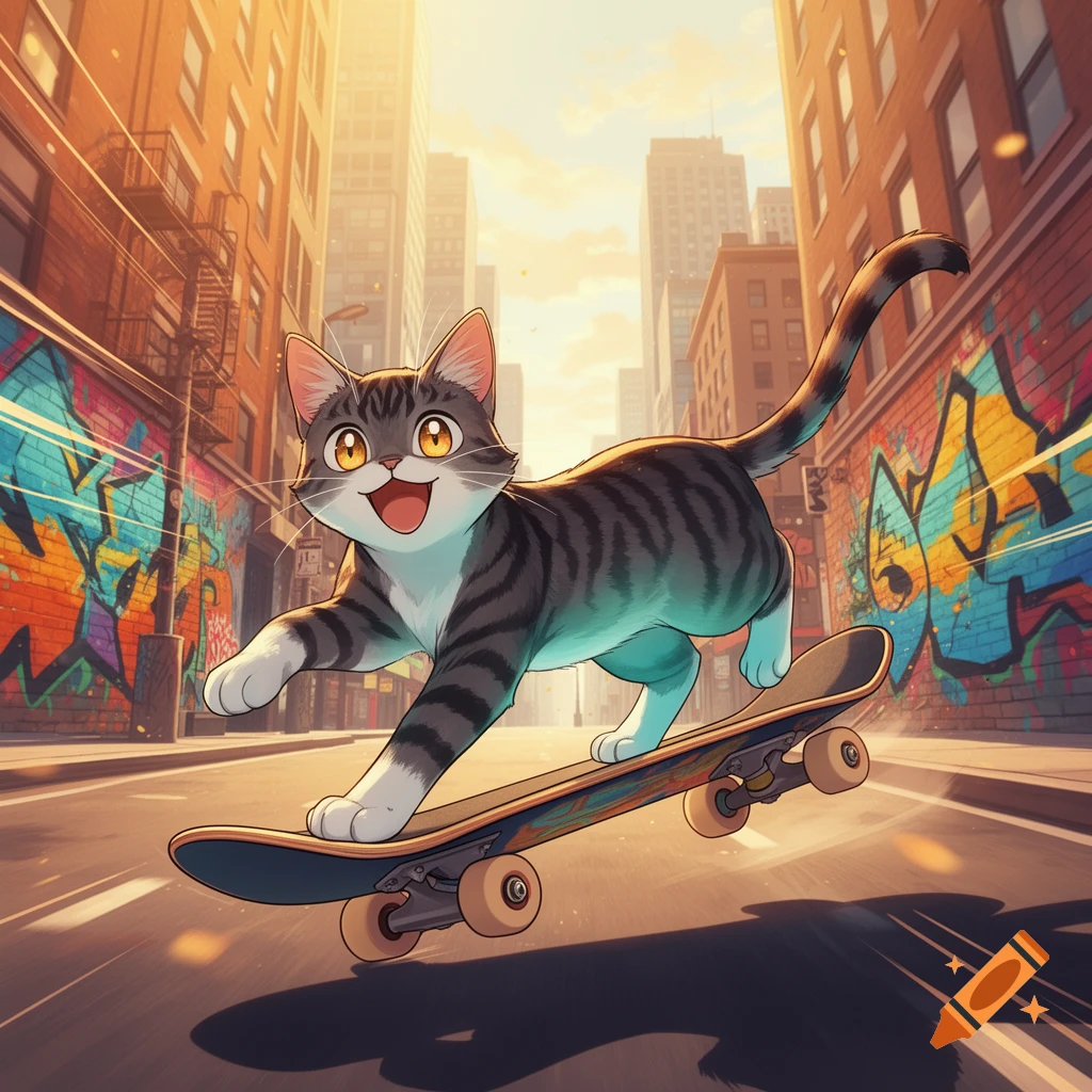 A happy anime-style tabby cat skillfully skateboards down a city street ...
