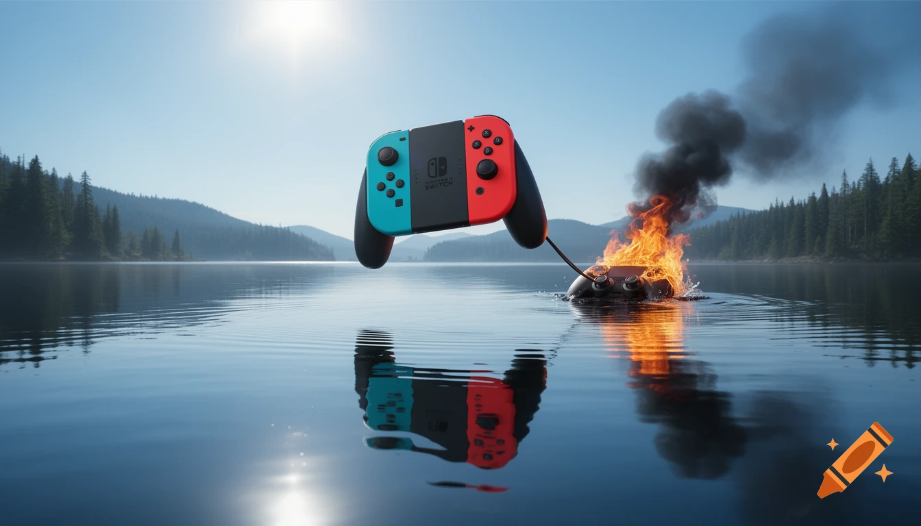 A photorealistic image of a floating Nintendo Switch controller towing ...