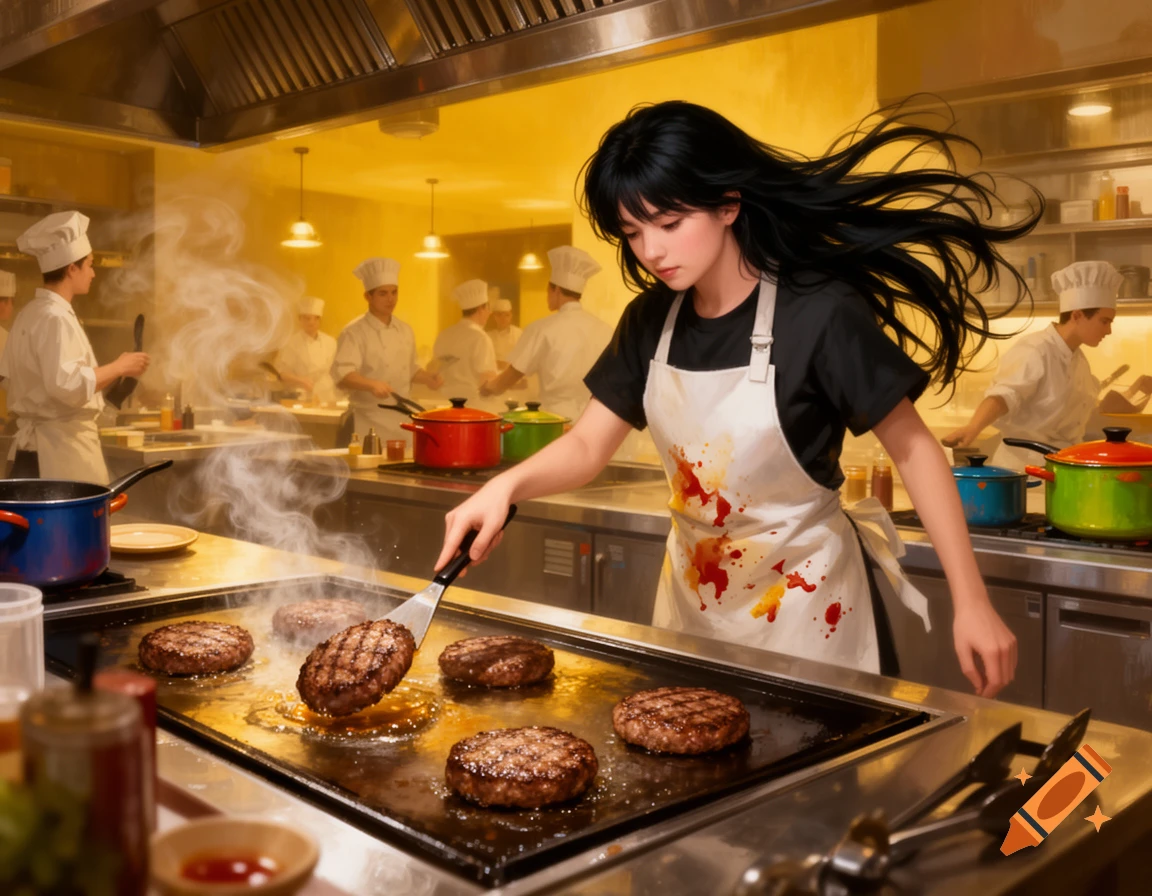 A young woman with long black hair cooks burgers on a flat-top grill in ...