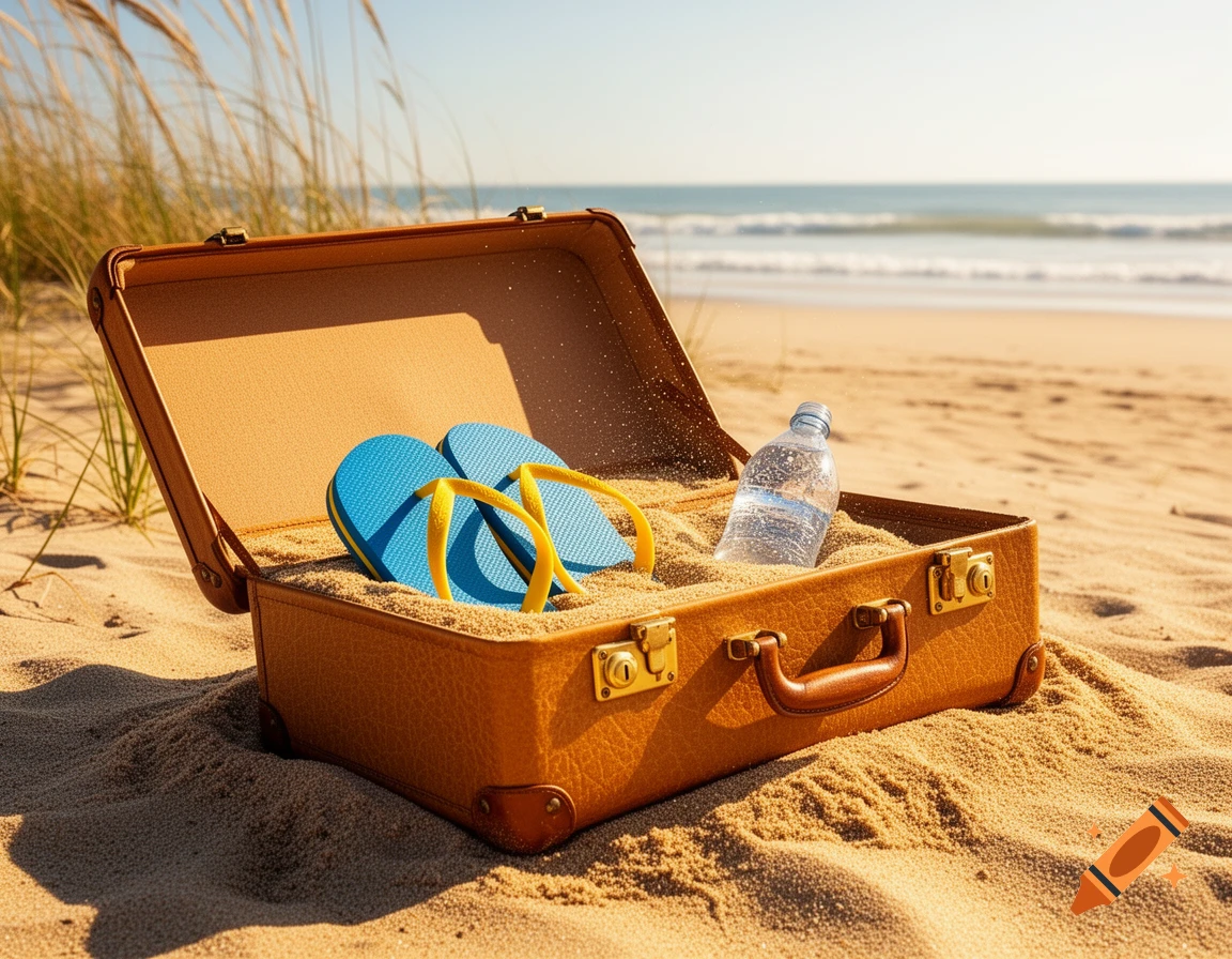 An open brown suitcase filled with sand, blue flip-flops, and a water ...