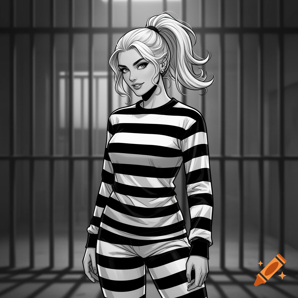 A stylized blonde woman in a black and white striped prison uniform ...
