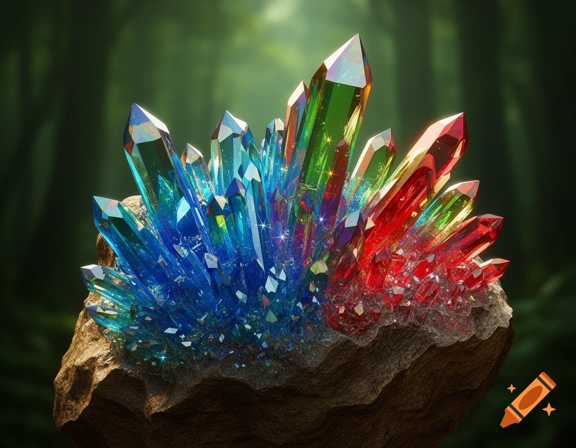 A vibrant, rainbow-colored quartz crystal cluster on a host rock ...