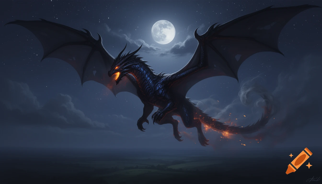 A dark, fierce-looking dragon with glowing orange eyes and fiery breath ...