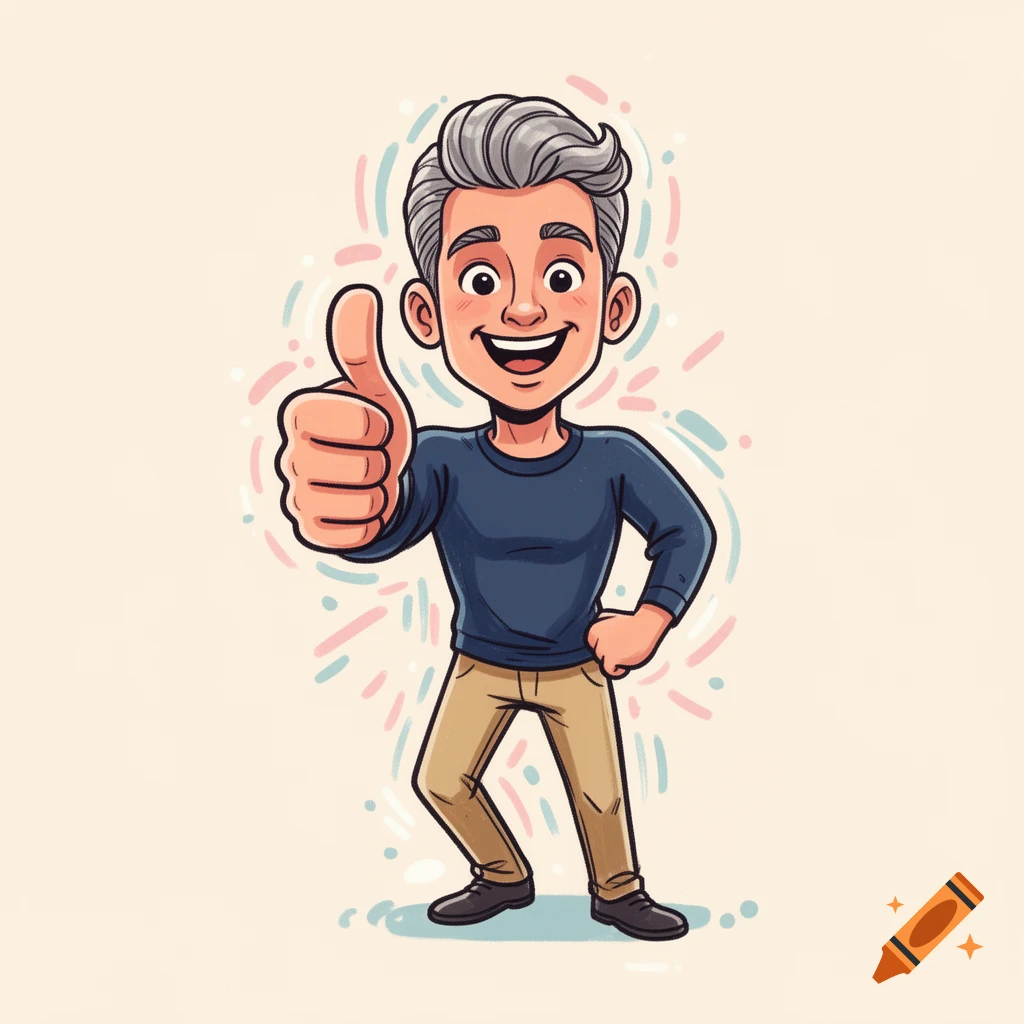 A smiling cartoon man with gray hair in a blue shirt and tan pants ...