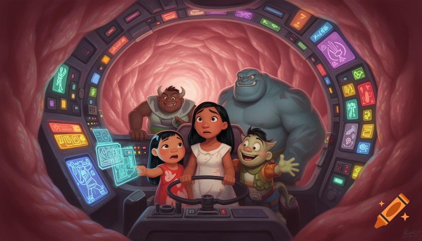 Lilo, Nani, and three aliens pilot a spaceship through a pink esophagus ...