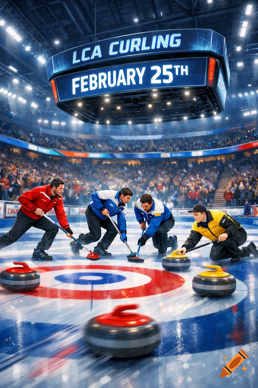 Photorealistic image of curlers sweeping the ice in a crowded arena ...