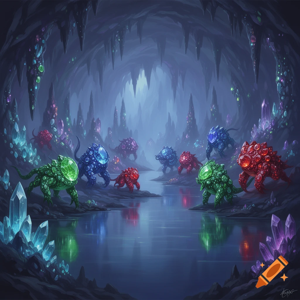 Gleaming green, blue, and red gemstone creatures gather around a ...