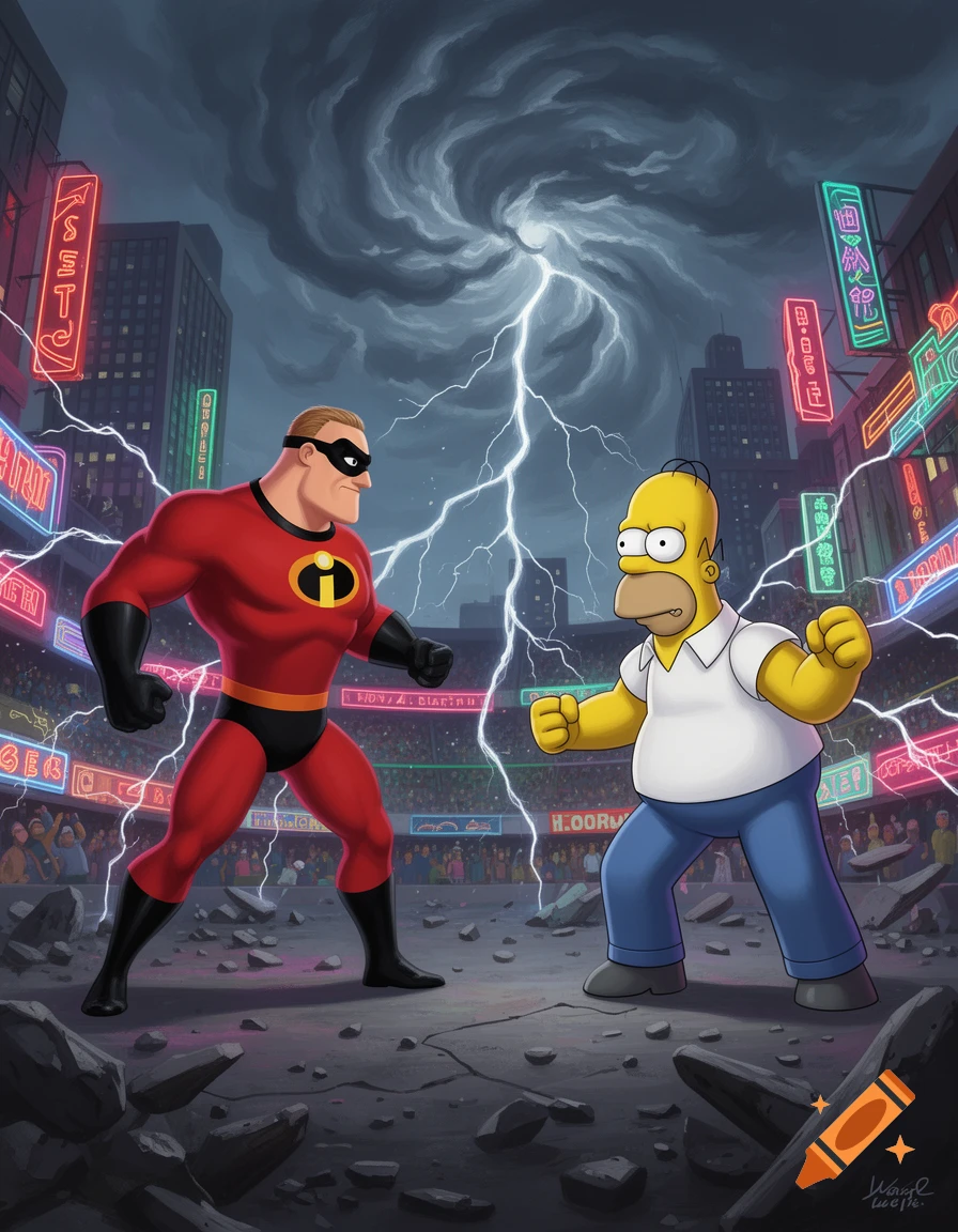 Mr. Incredible and Homer Simpson face off under a stormy, lightning ...