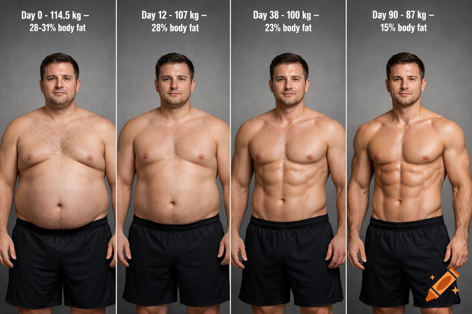 Photorealistic side-by-side comparison of a man's body transformation ...