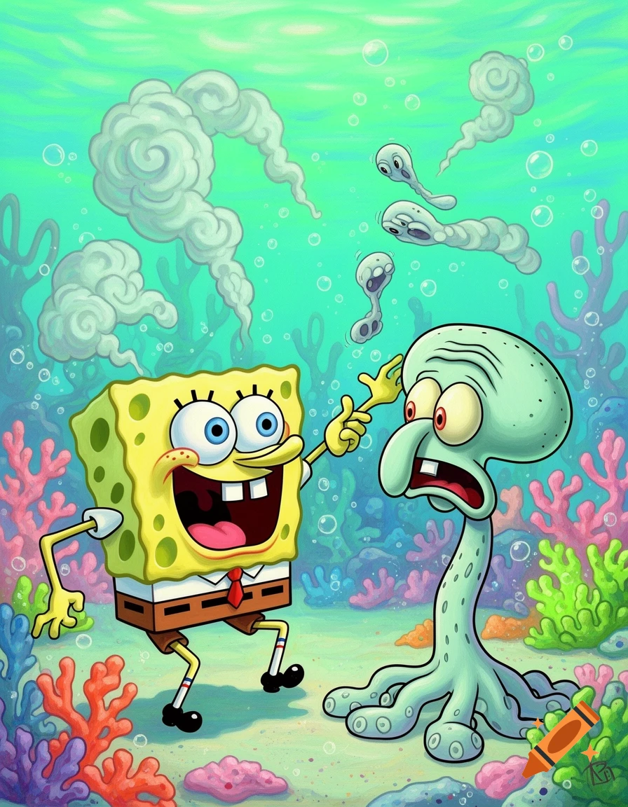 Spongebob Squarepants points excitedly at a terrified Squidward ...