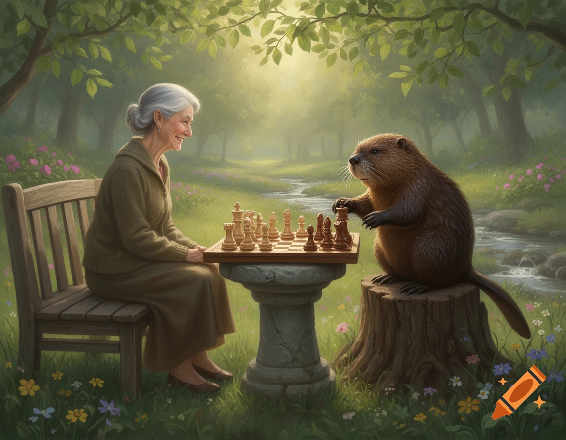 An elderly woman and a distinguished beaver play chess at a stone table ...
