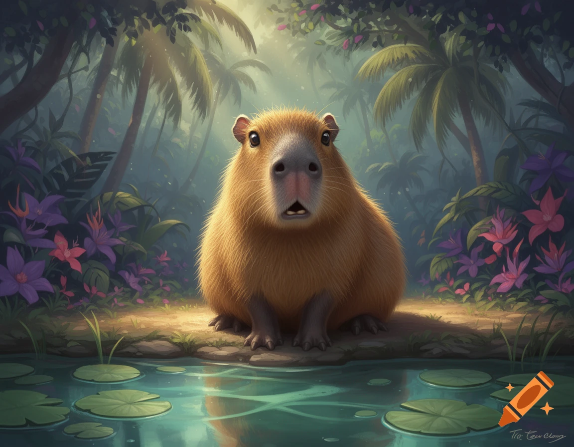 A confused capybara with wide eyes sits by a pond with lily pads in a ...