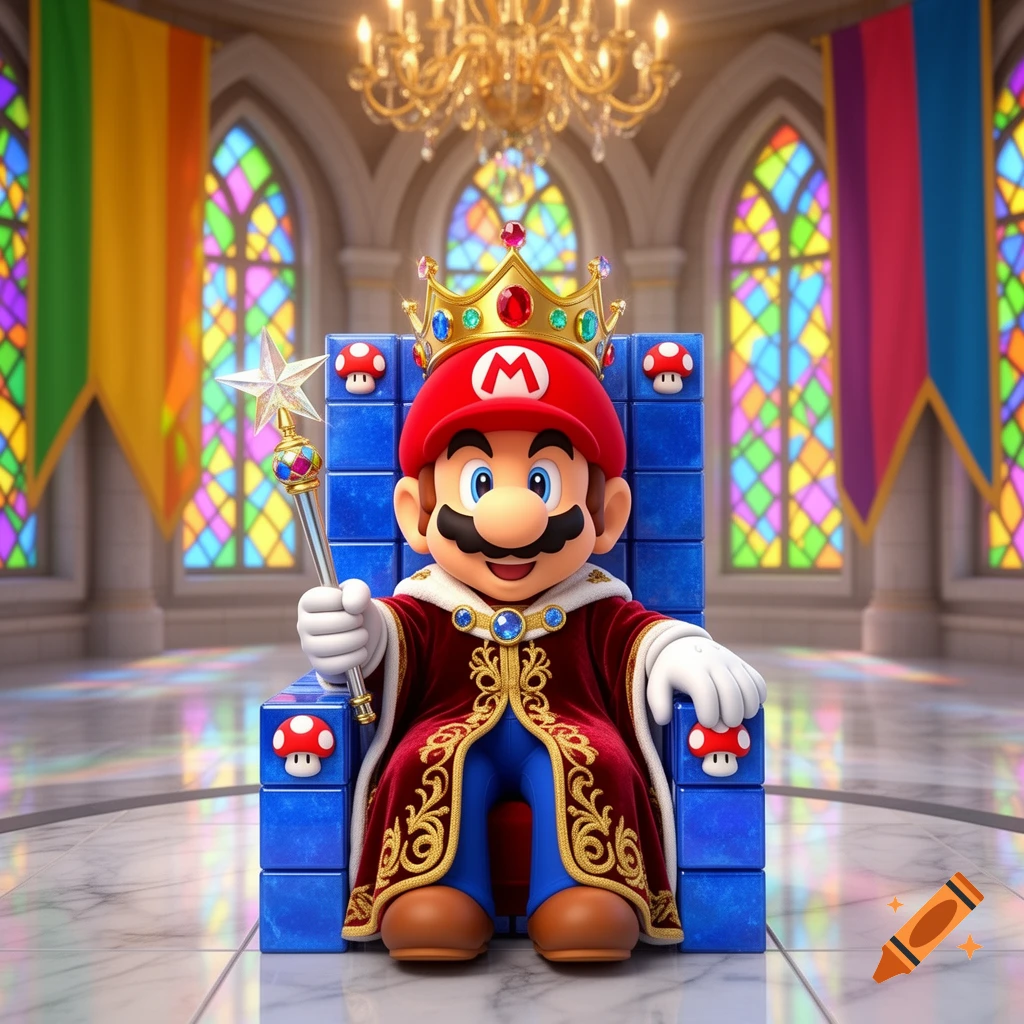 Mario as a king, wearing a red and gold royal robe and crown, sitting ...