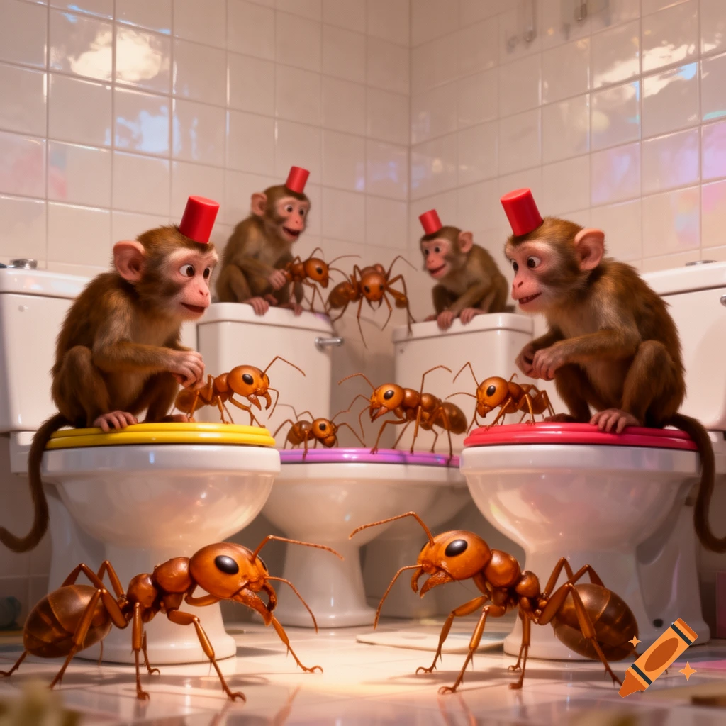 Four monkeys wearing red fezzes sit on colorful toilet seats, observing ...