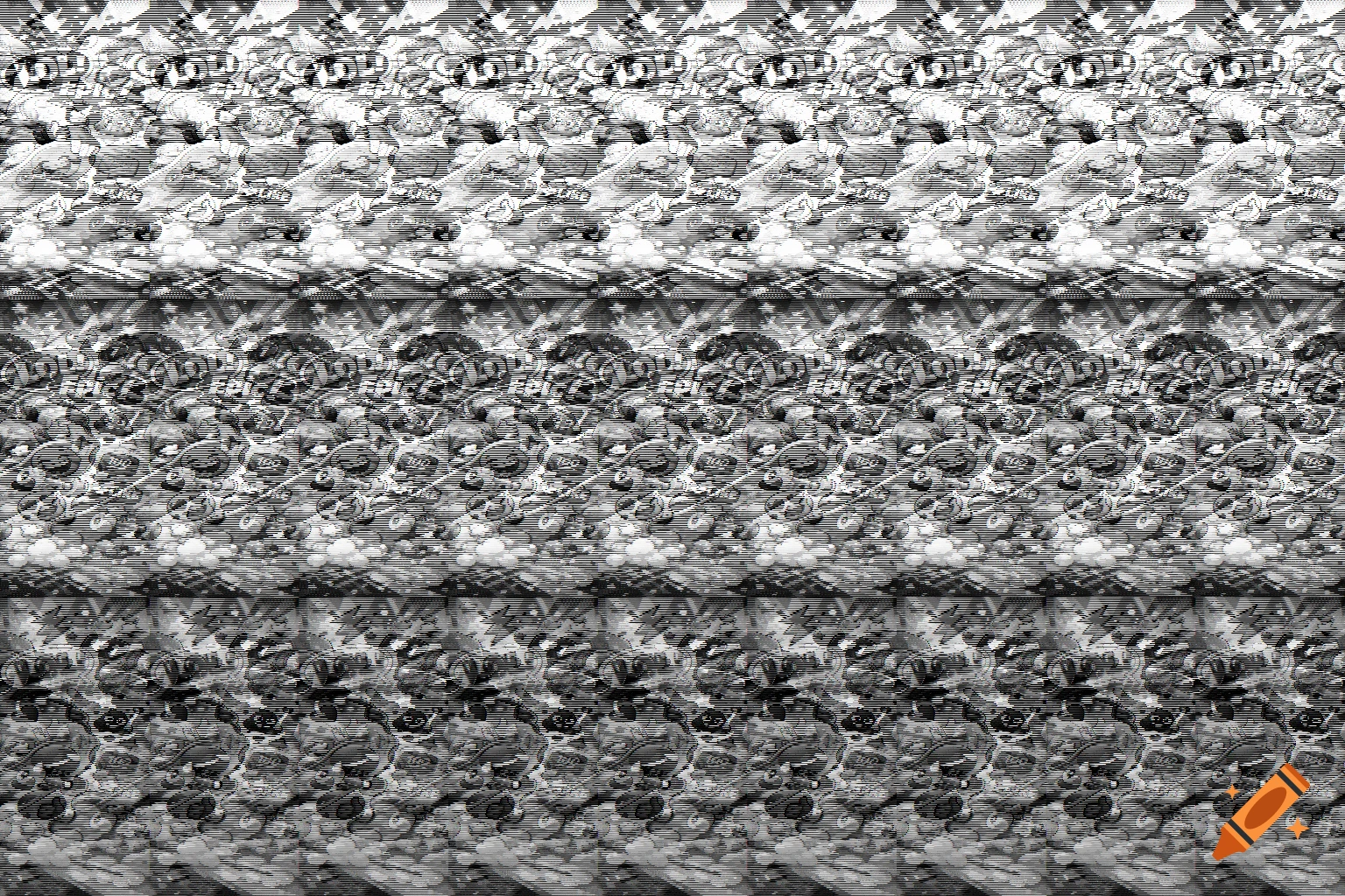 Black and white magic eye stereogram with a repeating pattern and the ...