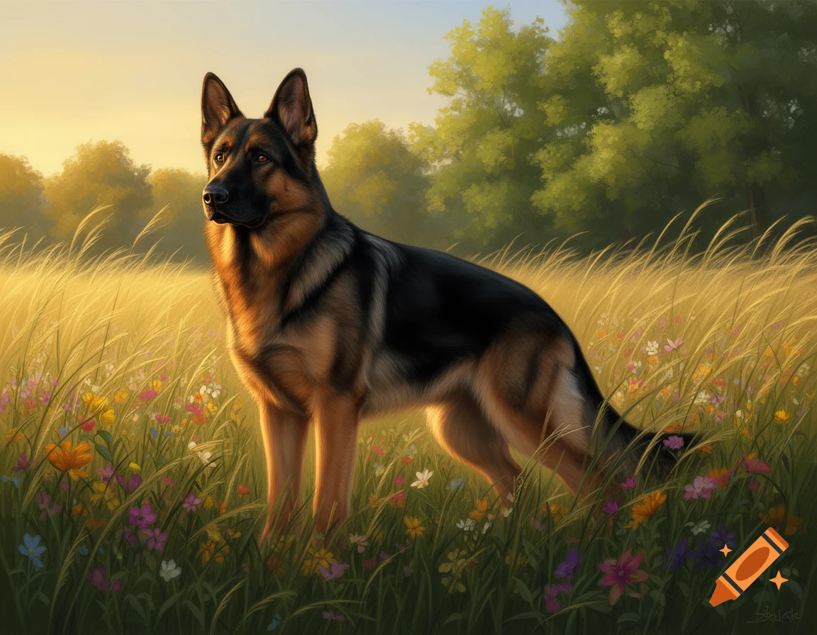 A majestic German Shepherd stands in a sunlit meadow of tall grass and ...
