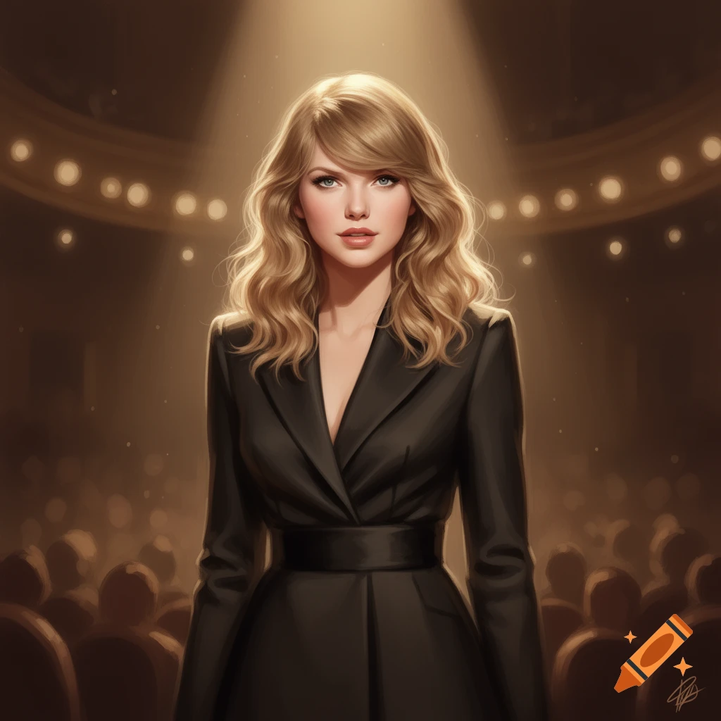Portrait of Taylor Swift in a black suit under a spotlight on stage ...