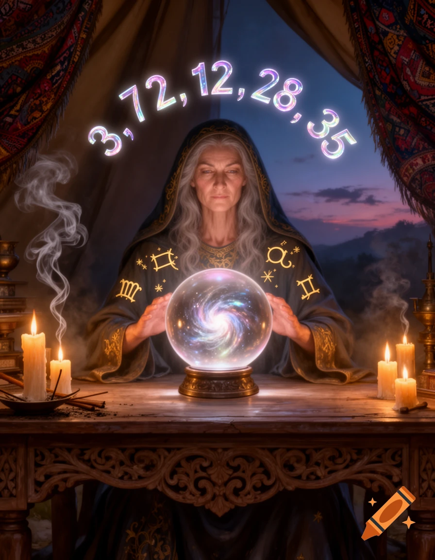 A white-haired fortune teller in a hooded robe looks into a glowing ...