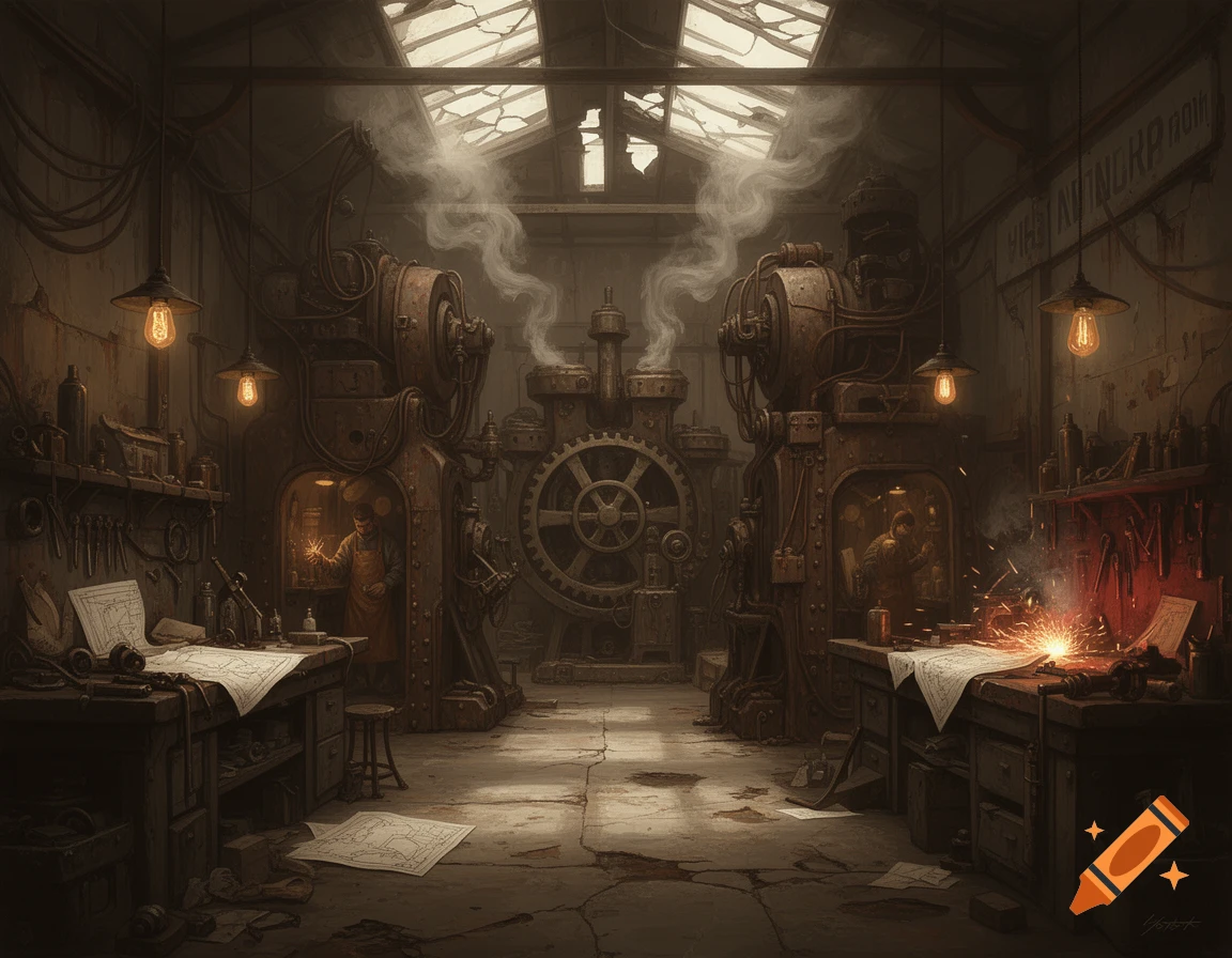 A detailed retro-futuristic dieselpunk repair shop with heavy machinery ...