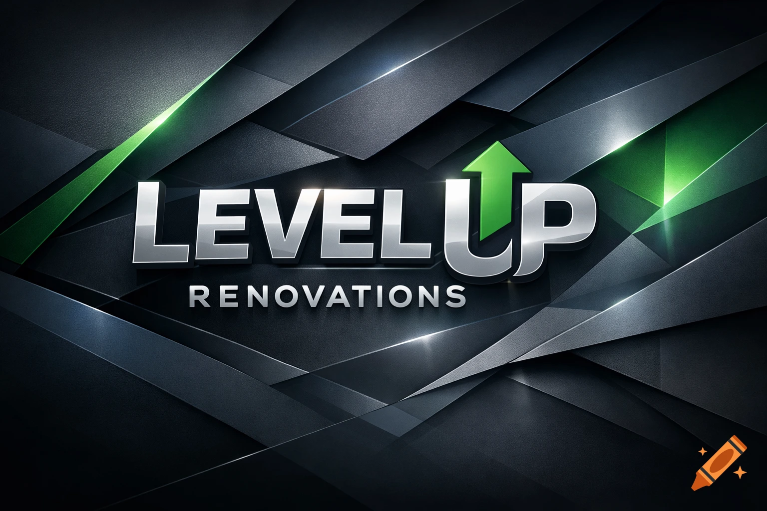 Shiny 3D metallic logo for 'LEVEL UP RENOVATIONS' with a green arrow ...