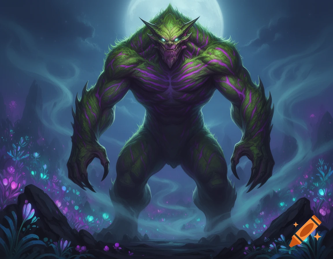 A muscular green and purple monster stands defiantly under a full moon ...