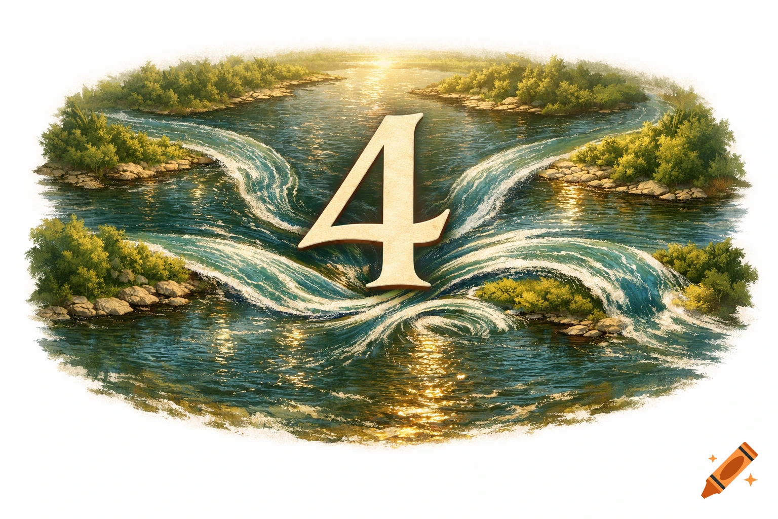 Stylized number 4 centered amidst four flowing rivers with forested ...