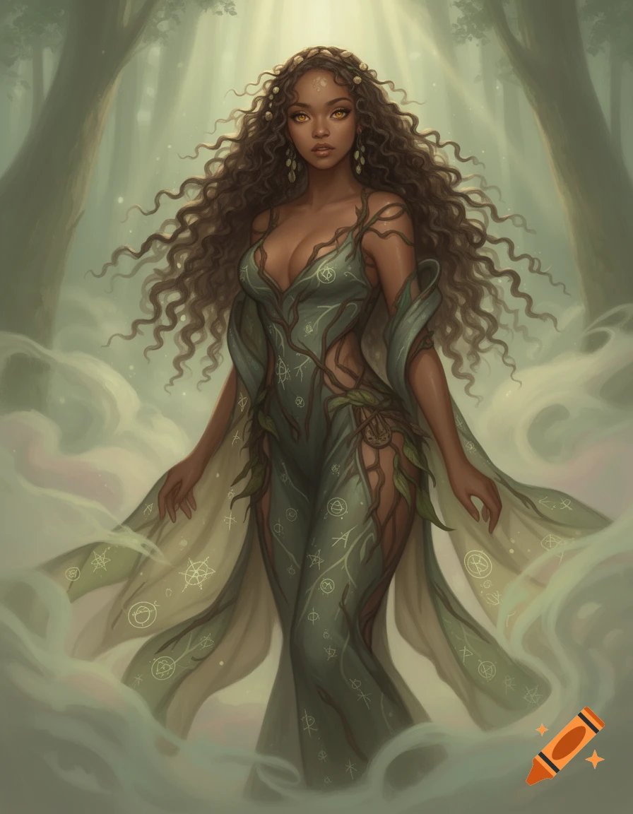 Digital painting of a beautiful woman with long, curly brown hair and ...