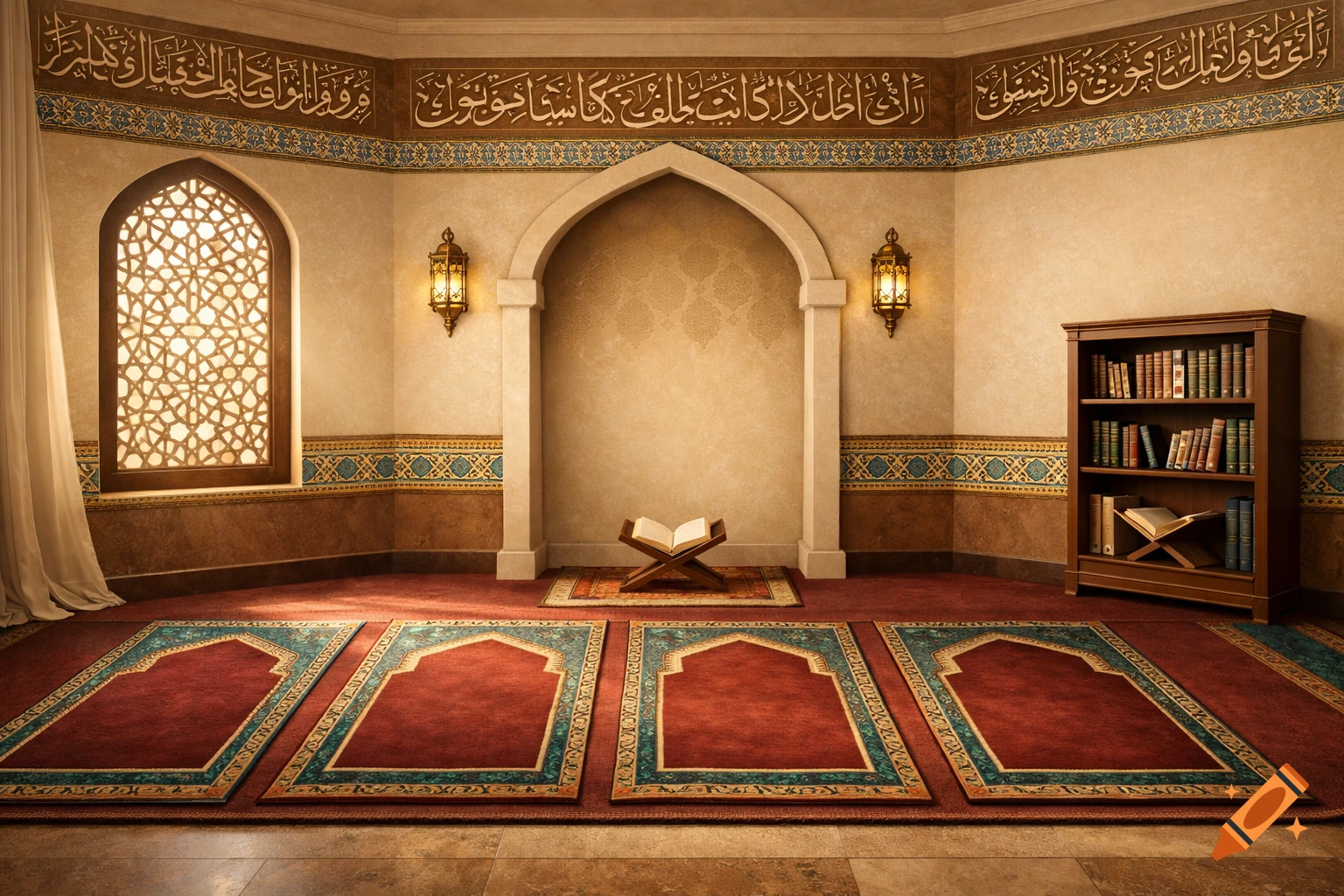 Photorealistic image of a serene Islamic prayer room with red prayer ...