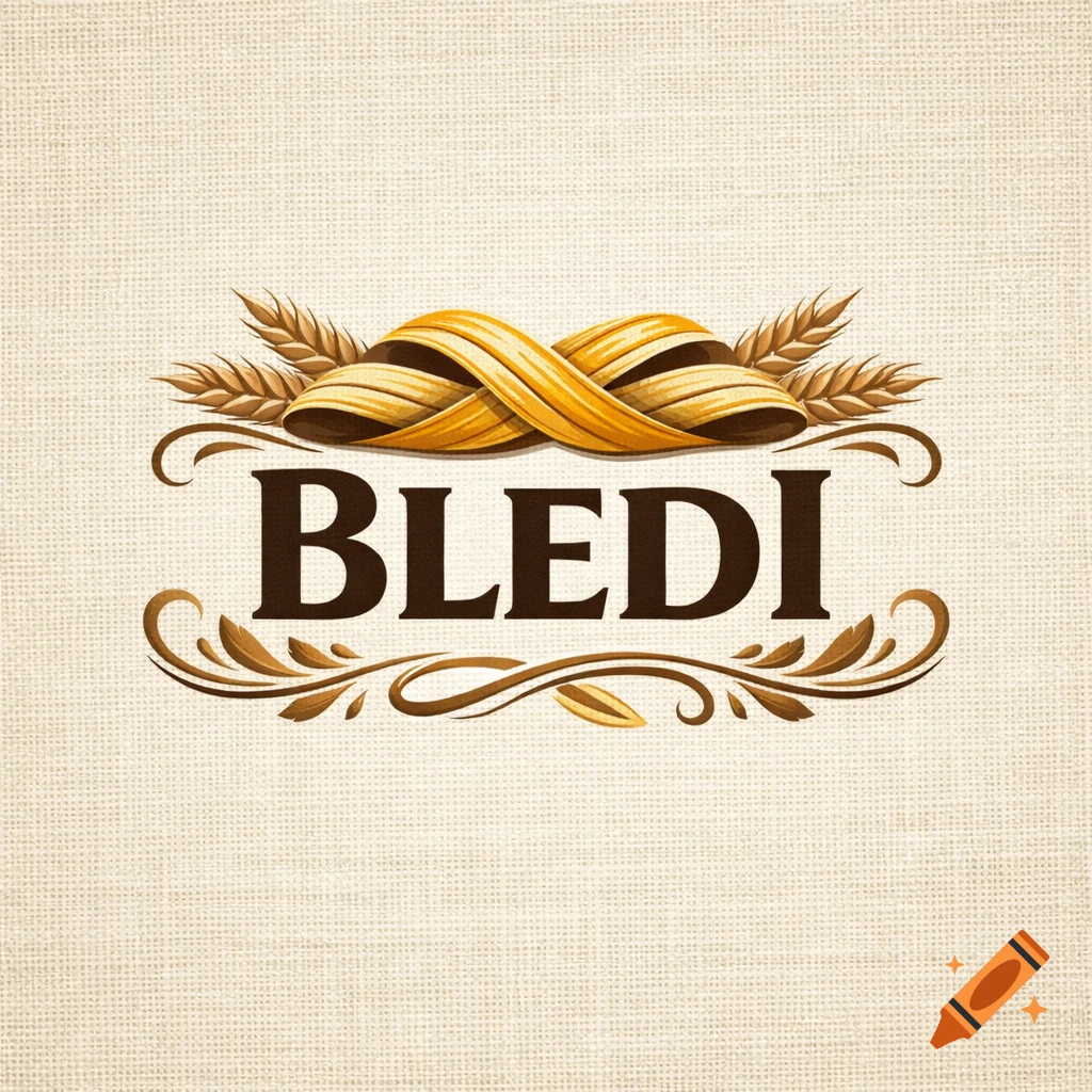 A 'BLEDI' logo with dark brown text, golden intertwined ribbons, wheat ...