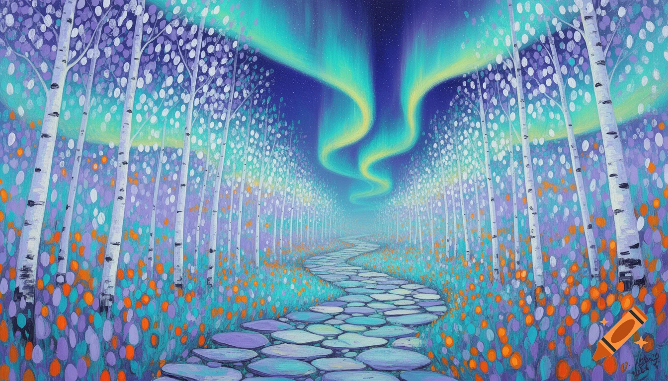 A whimsical, colorful stone path through a forest of white birch trees ...