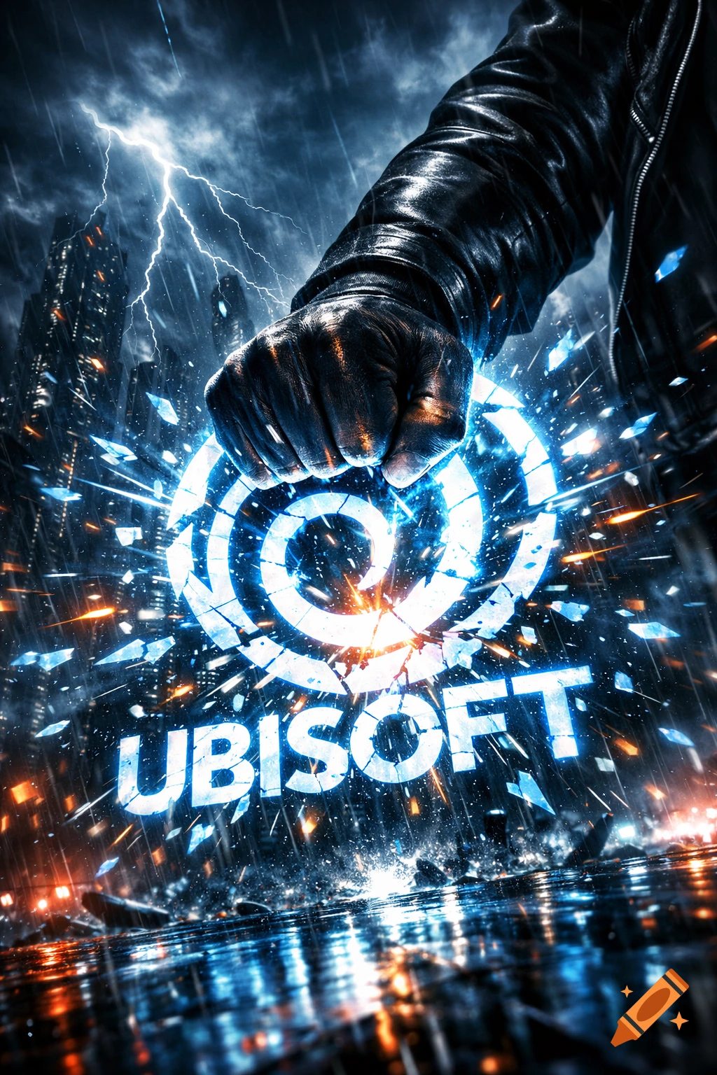 A powerful fist slams a glowing, fractured Ubisoft logo amidst a dark ...