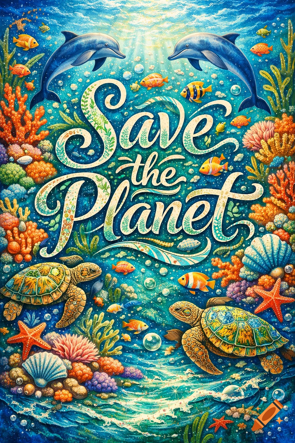 Colorful underwater illustration with two dolphins, two sea turtles ...