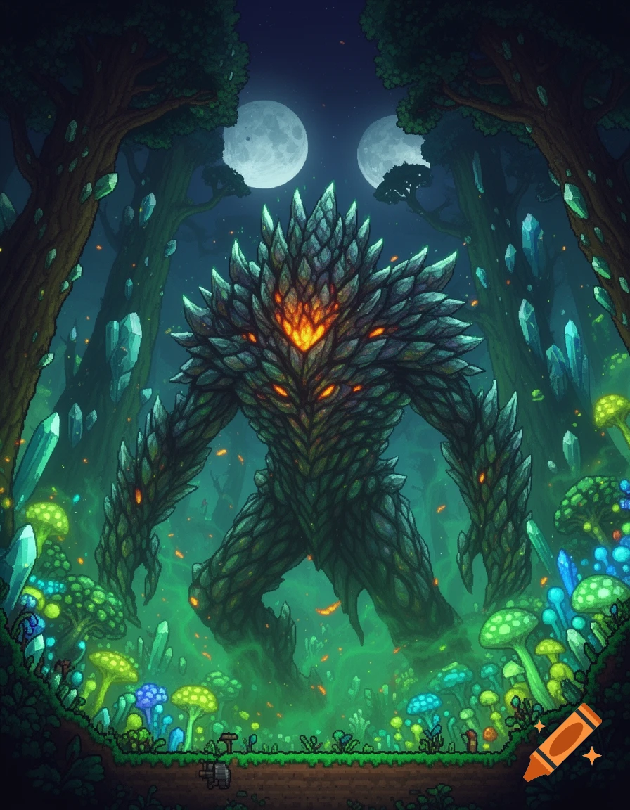 Pixel art of a large, crystalline, plant-like monster with glowing eyes ...