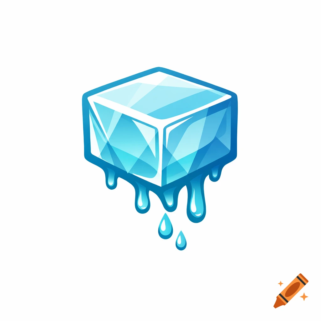 Simplistic abstract logo of a blue melting ice cube with water drips ...