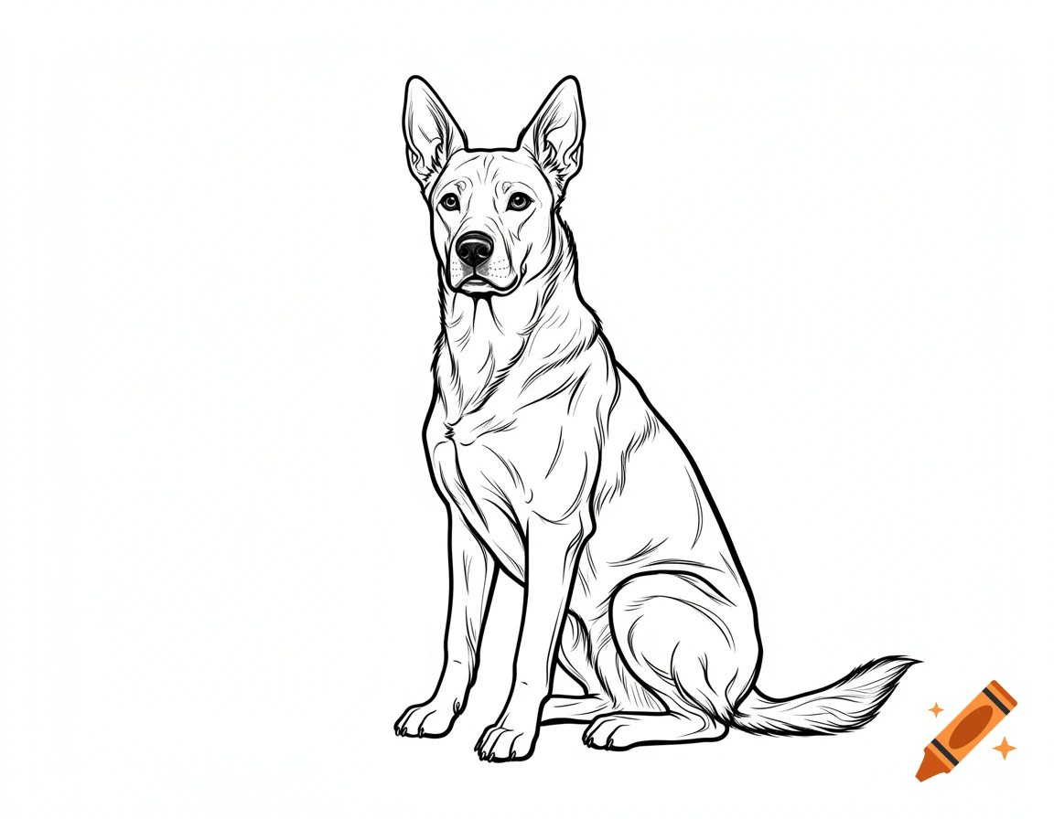 Line art drawing of a dog sitting upright and looking forward on a ...