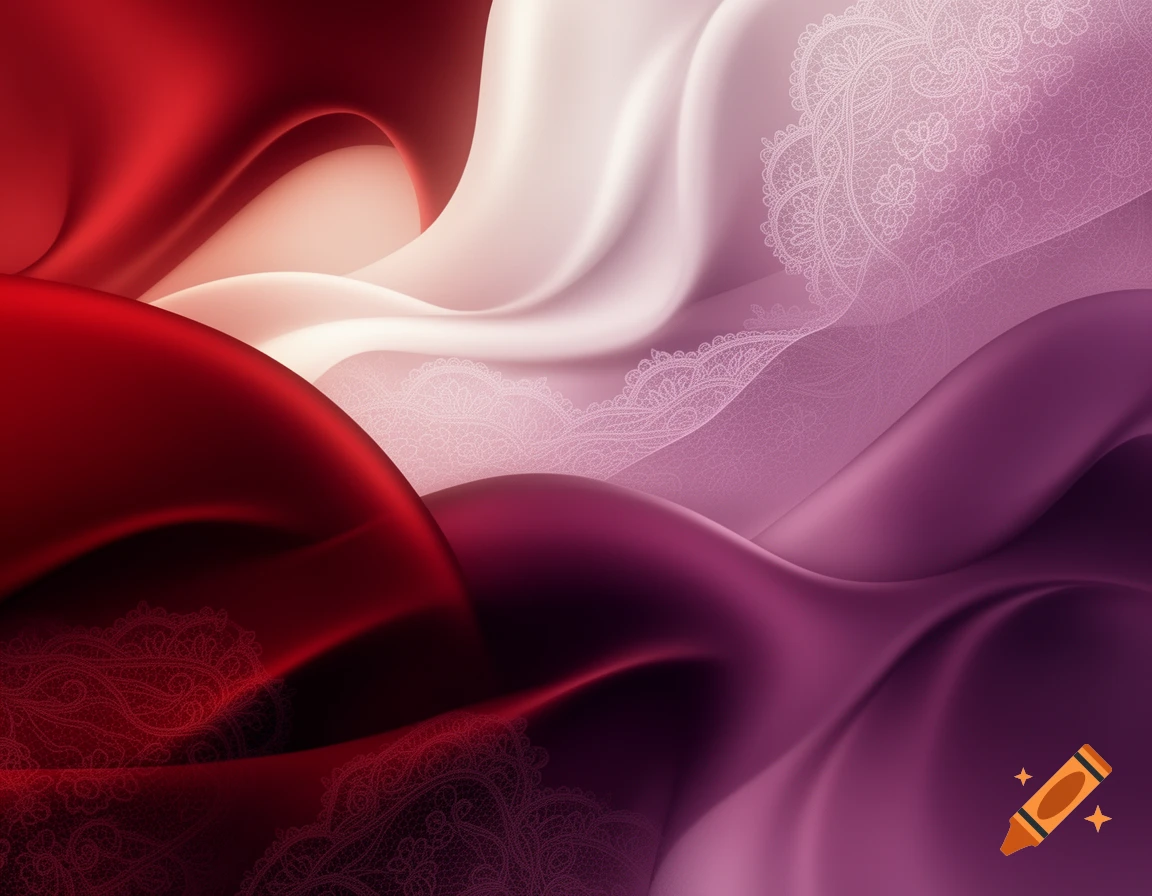 Abstract waves of smooth red, white, and purple fabric with intricate ...