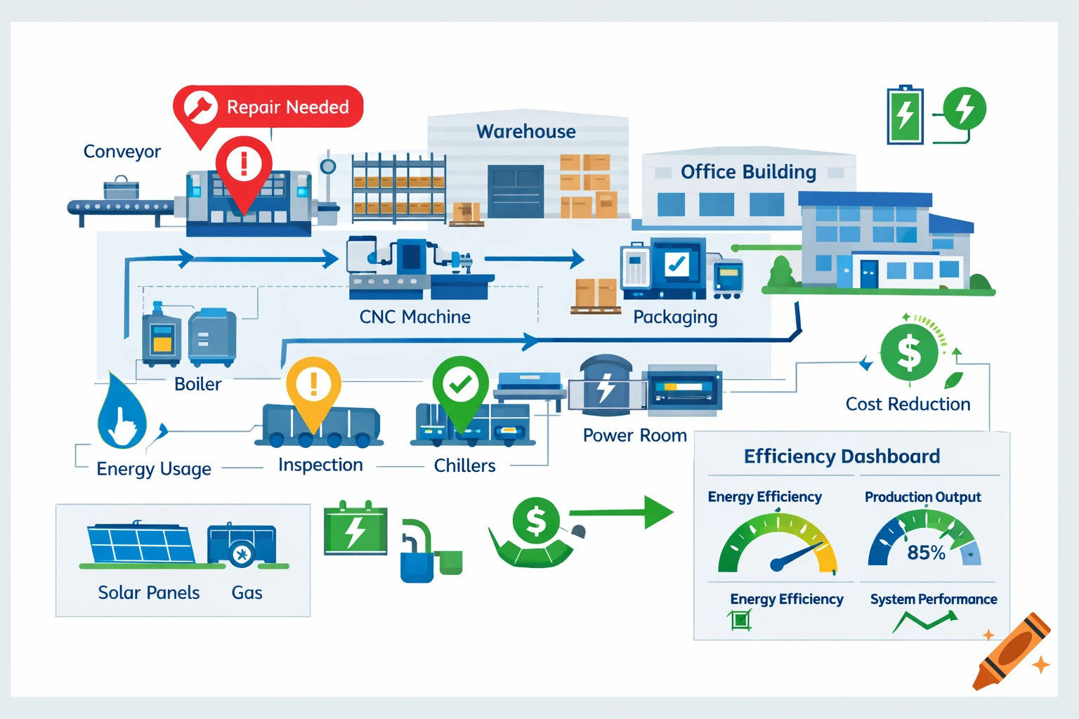 Flat infographic diagram of an industrial factory process with labels ...