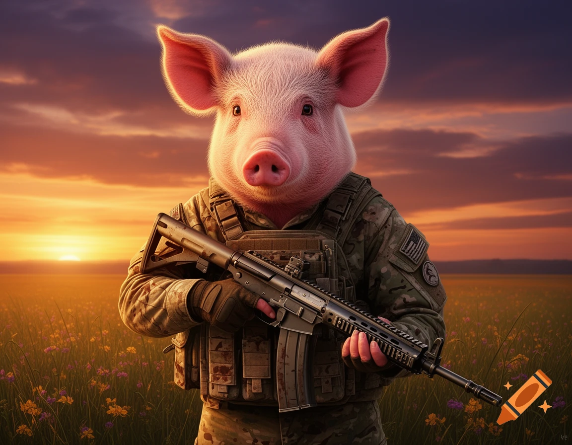 A photorealistic pig soldier in a military uniform holds a rifle in a ...